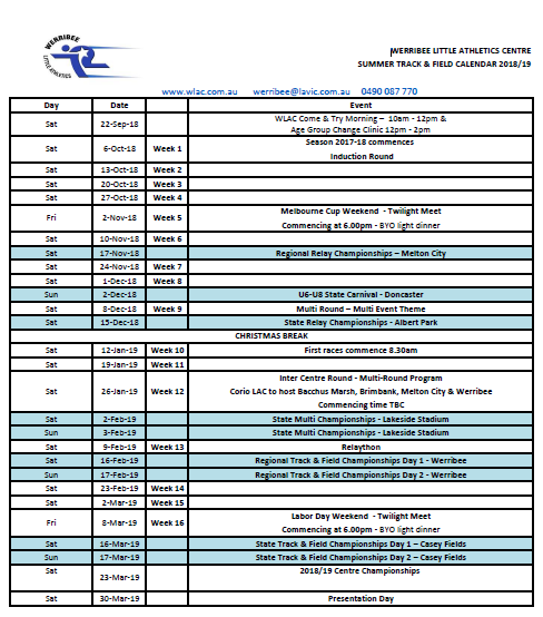 2018 2019 calendar - Werribee Little Athletics Centre